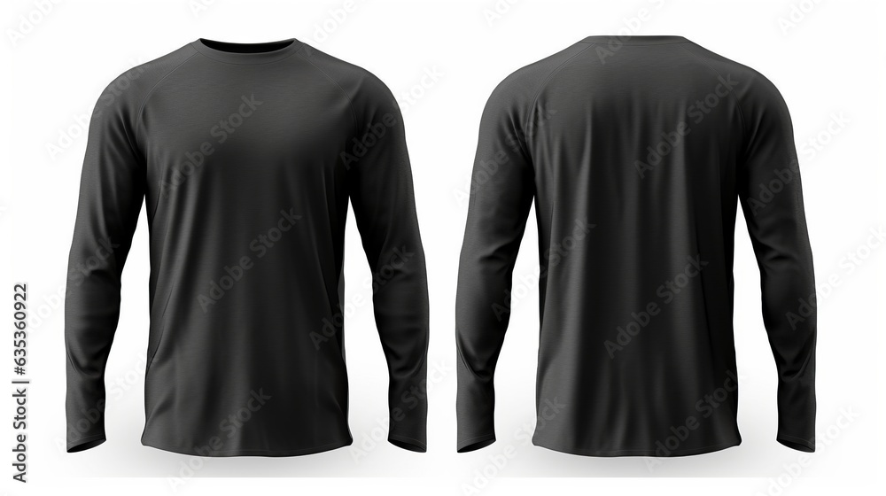 Black long sleeve t-shirt front and back view isolated on white ...