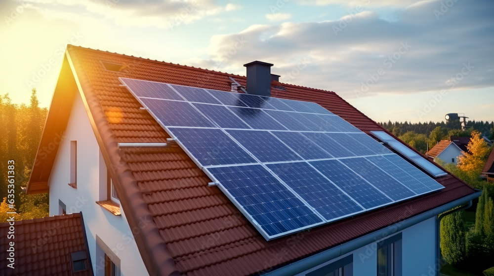 Residential low-rise building with installed solar panels on the roof ...