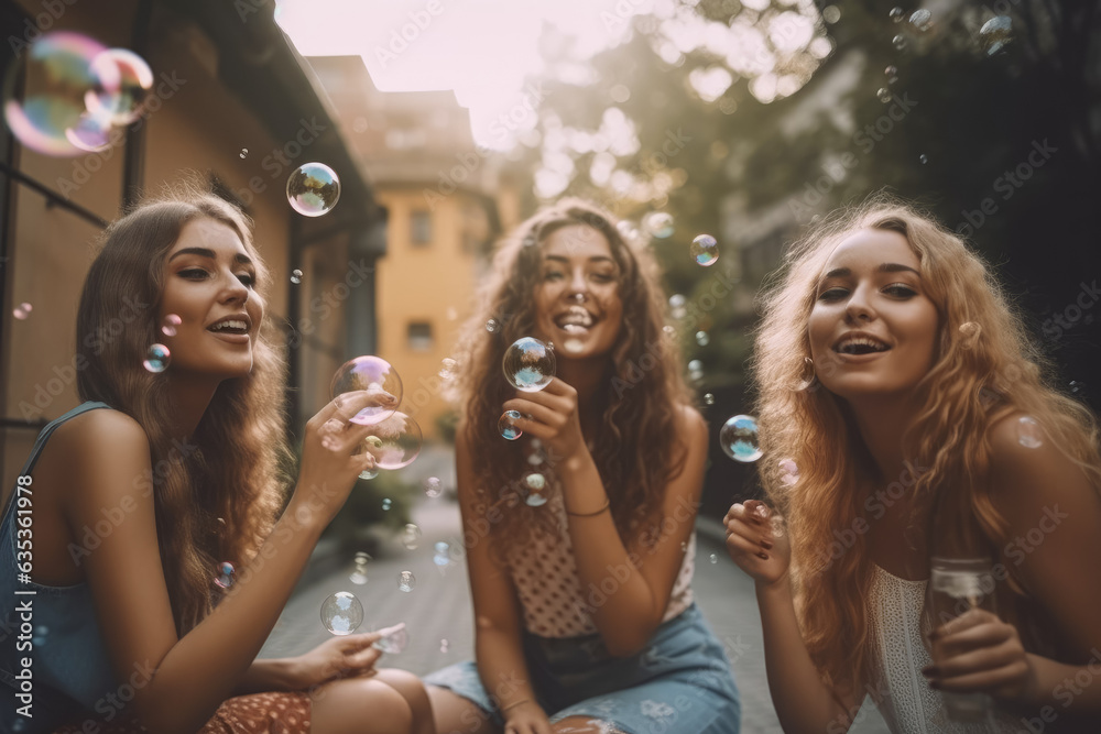 A group of friends, girls blowing soap bubbles in the open air. The ...