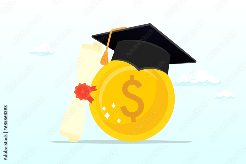 Dollar money coin with mortarboard graduation cap and certificate ...