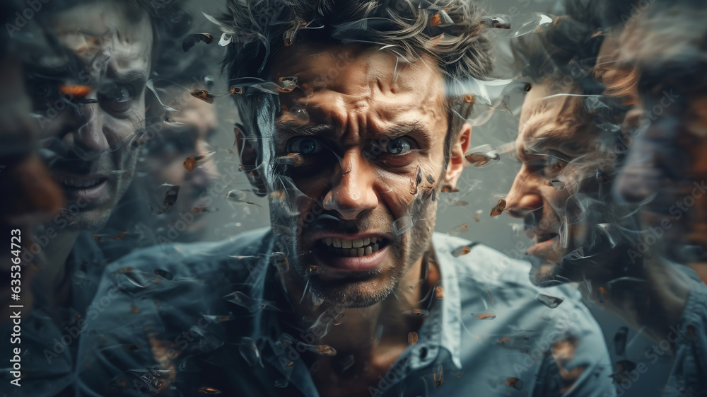 The face of a distressed man struggles with multiple personalities and ...