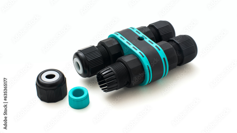 4-way waterproof connector for electrical cables, with visible cap and ...