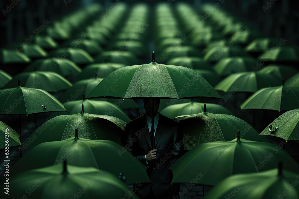 Depicting a green umbrella standing out from a crowd of black umbrellas ...