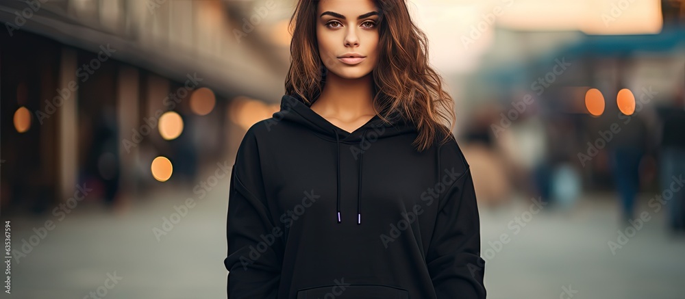Female model wearing mock up black hoodie with a streetwear logo on the ...