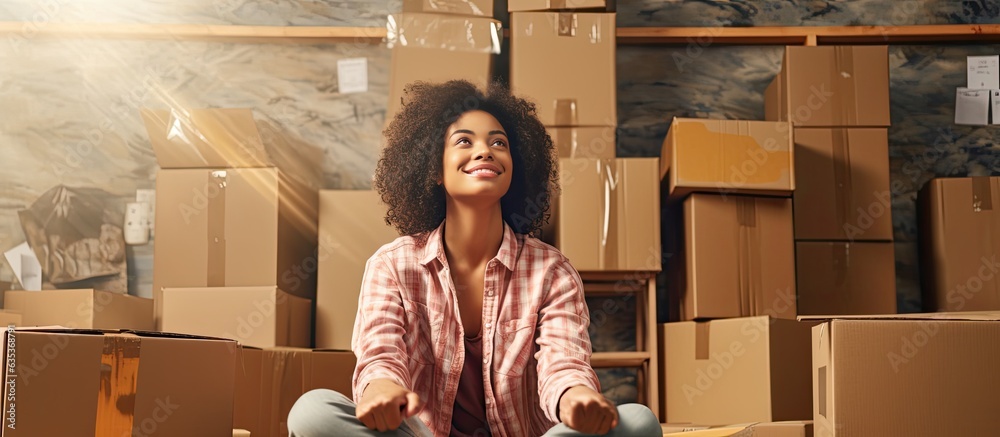 Enthusiastic black woman creating a checklist on moving day joyful ...