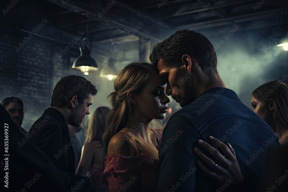 Couple looking at each other in a dark room with smoke. crowded ...