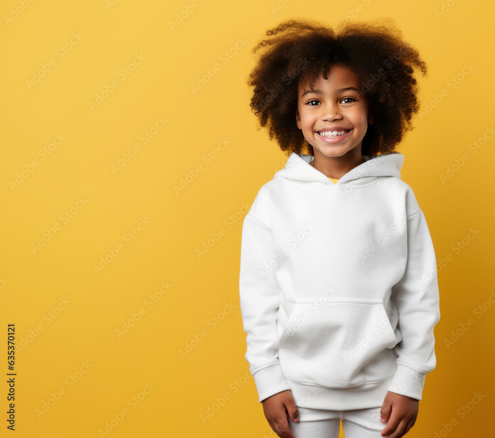 Little girl wearing blank white hoodie, smiling toddler standing in ...