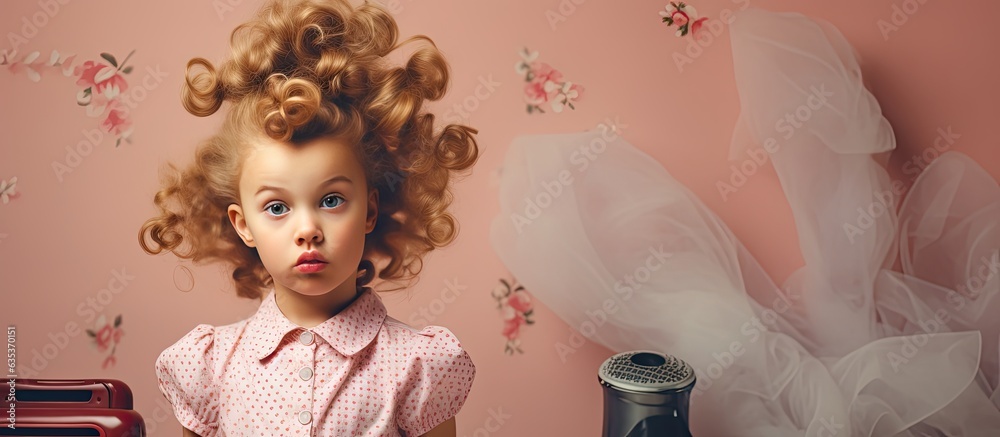Child in polka dot dress with curlers attends to household chores in a ...