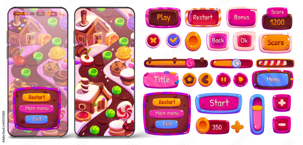 Candy land mobile game design elements isolated on white background ...