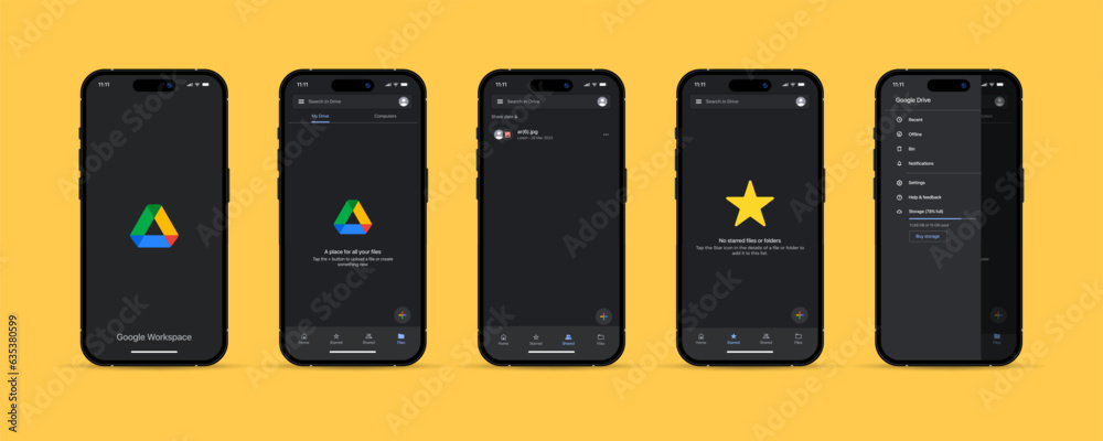 Mobile application interface. Dark interface. Online storage. Cloud ...