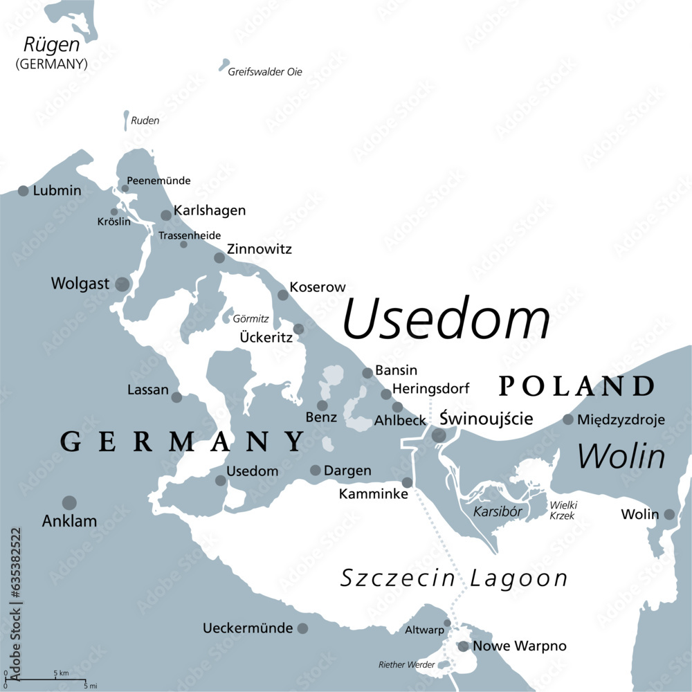 Usedom, Baltic Sea island in Pomerania, gray political map. Nicknamed ...