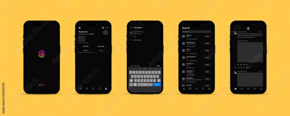 Threads social media app. A set of UI mockup screens. Screen interface ...