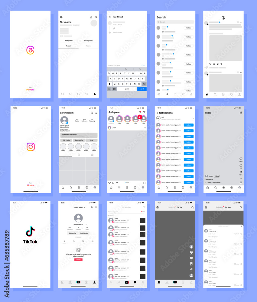 Instagram, TikTok, Threads - interface set. Social media set. Instagram ...