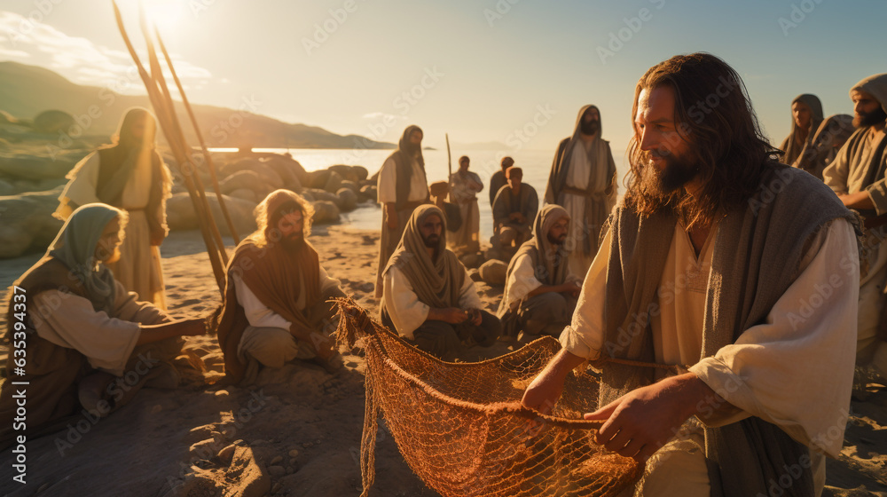 Jesus Christ is fishing with fishermen. Christian religious background ...