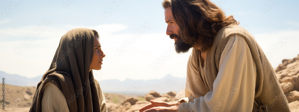 Jesus Christ is talking to a woman. Preaching repentance. Christian ...