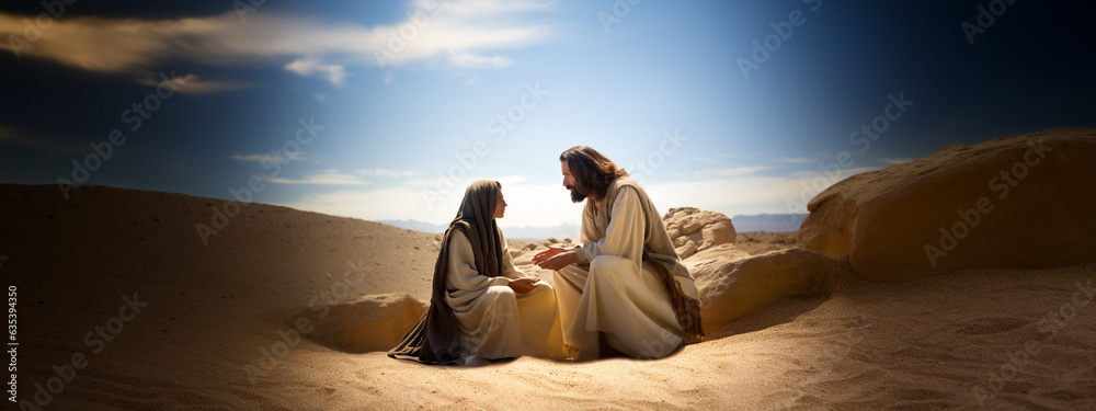 Jesus Christ is talking to a woman. Preaching repentance. Christian ...