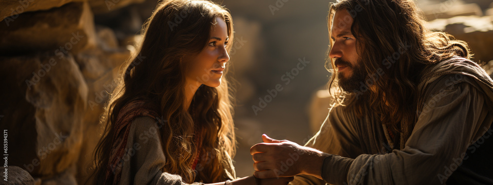 Jesus Christ is talking to a woman. Preaching repentance. Christian ...