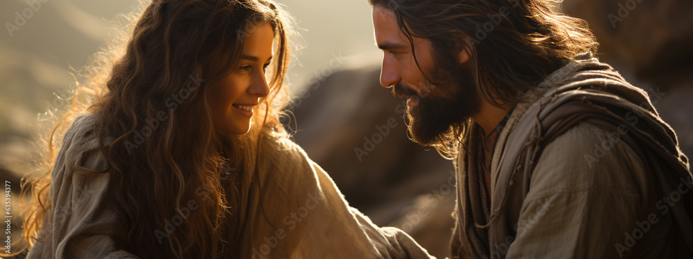 Jesus Christ is talking to a woman. Preaching repentance. Christian ...