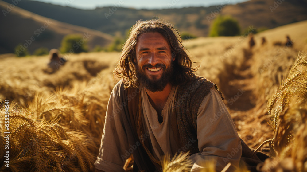 Jesus Christ is walking in a field with wheat. Biblical Christian photo ...