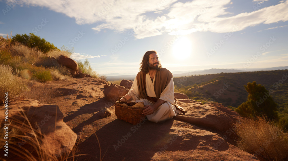 Jesus Christ with a basket of bread. Christian religious photo for ...