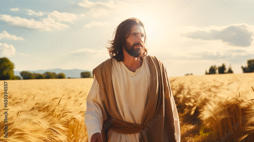 Jesus Christ is walking in a field with wheat. Biblical Christian photo ...