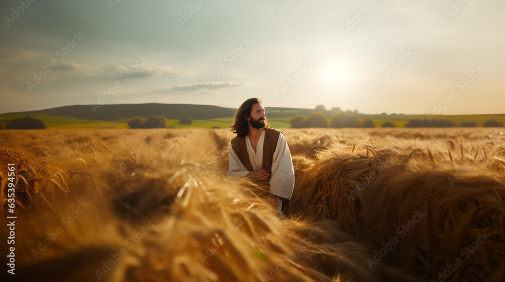 Jesus Christ is walking in a field with wheat. Biblical Christian photo ...