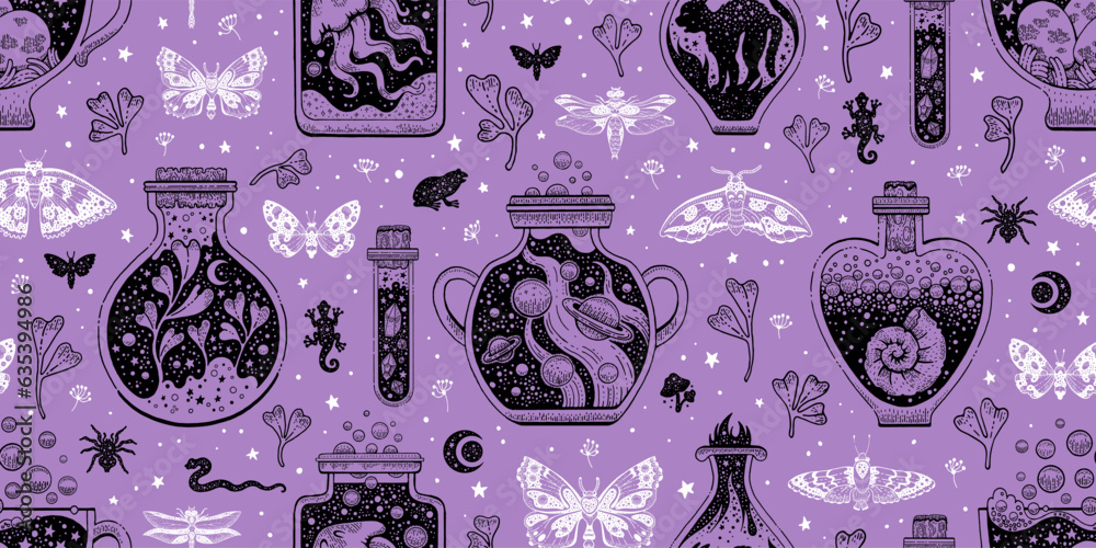 Potion alchemy seamless pattern. Halloween symbols. Magic elixir bottle ...