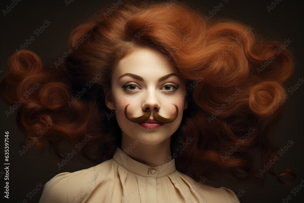 weird glamor portrait of woman wearing fake mustache breaking gender ...