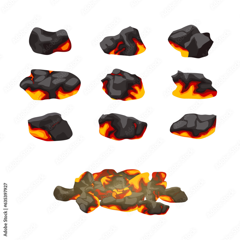 Cartoon Color Burning Charcoal for Grill and Barbecue Set Concept Flat ...