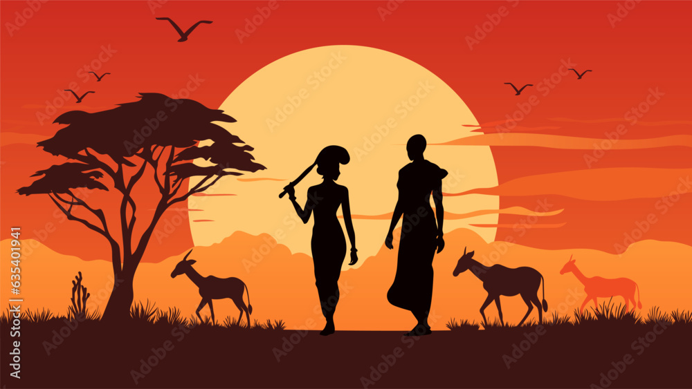 African landscape. Silhouettes of men and women representatives of the ...