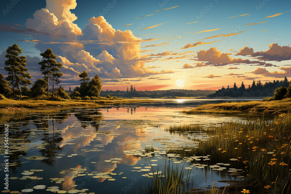 A serene lake with a lush bulrush marsh along the shoreline, reflecting ...