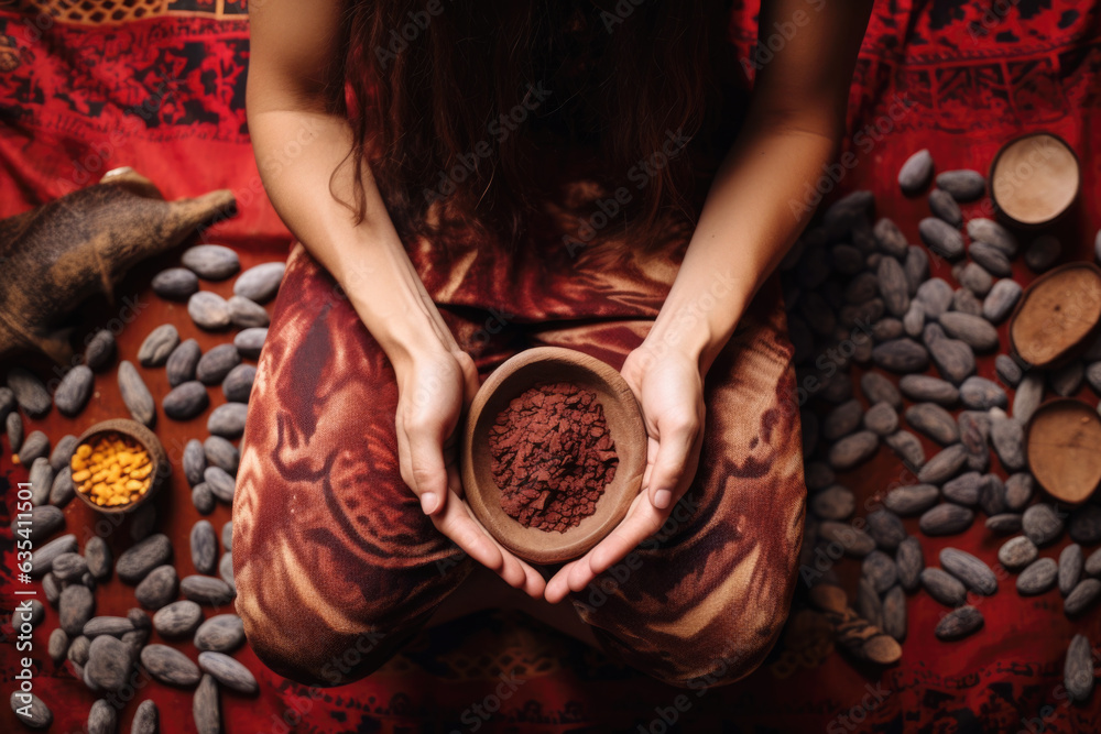 Cacao ceremony. Close up of a female hands making a cacao for drinking ...