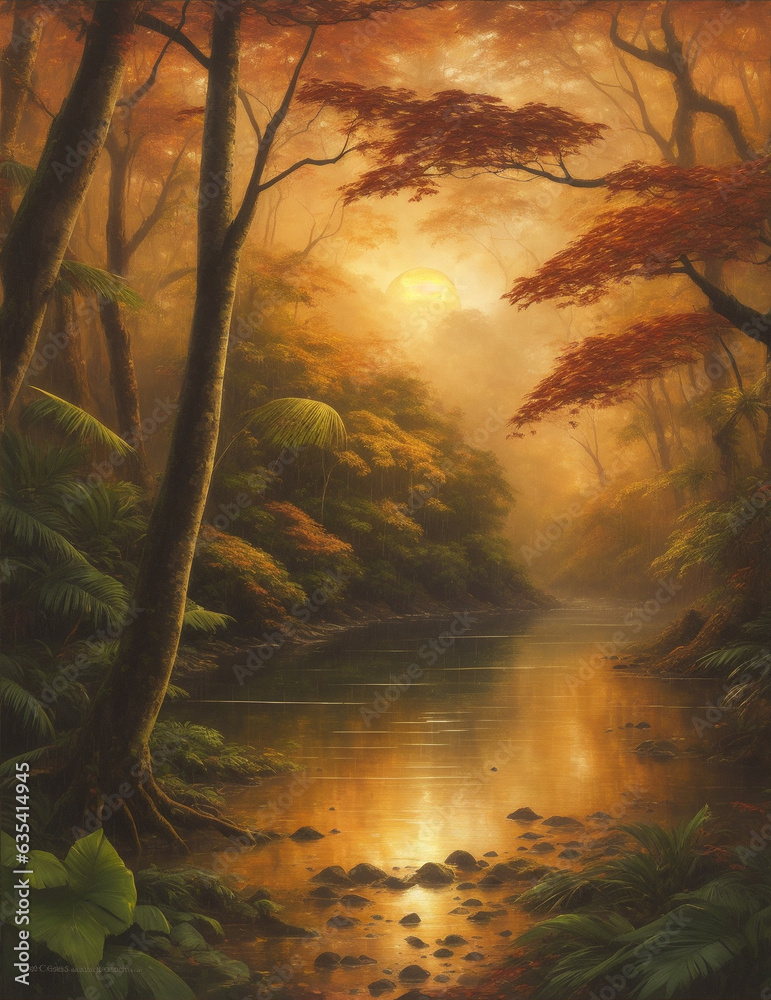 Beautiful image of rain forest in Costa Rica, oil technique drawing ...