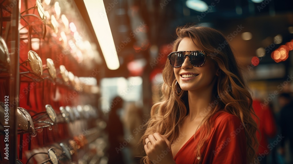 Beautiful Woman Trying on Glasses in an Optical Store. Surprised girl ...