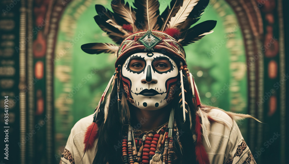 Portrait of a Native American wearing a national headdress with ...