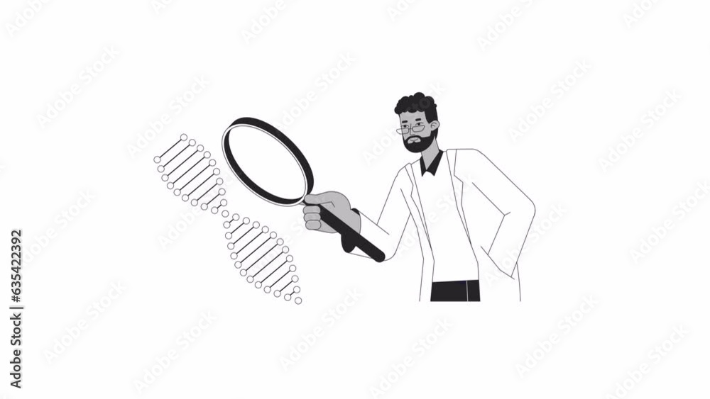 Black researcher studying DNA strand rotating bw outline 2D animation ...