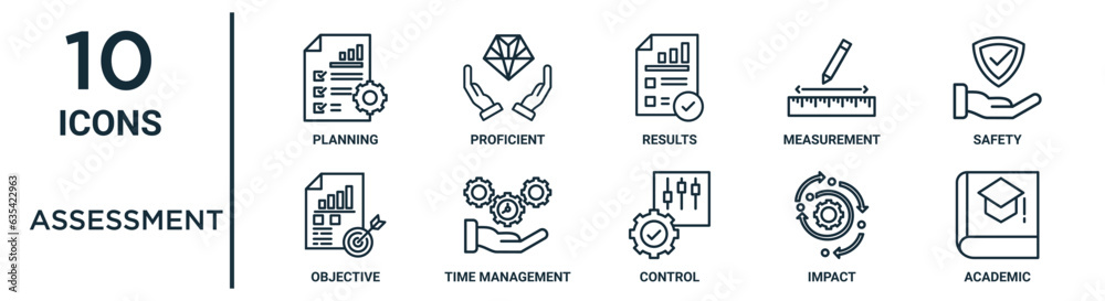 assessment outline icon set such as thin line planning, results, safety ...