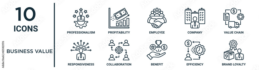 Vetor de business value outline icon set such as thin line ...