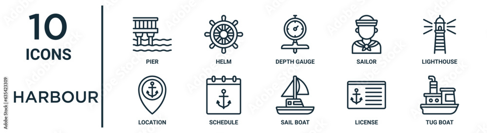 harbour outline icon set such as thin line pier, depth gauge ...