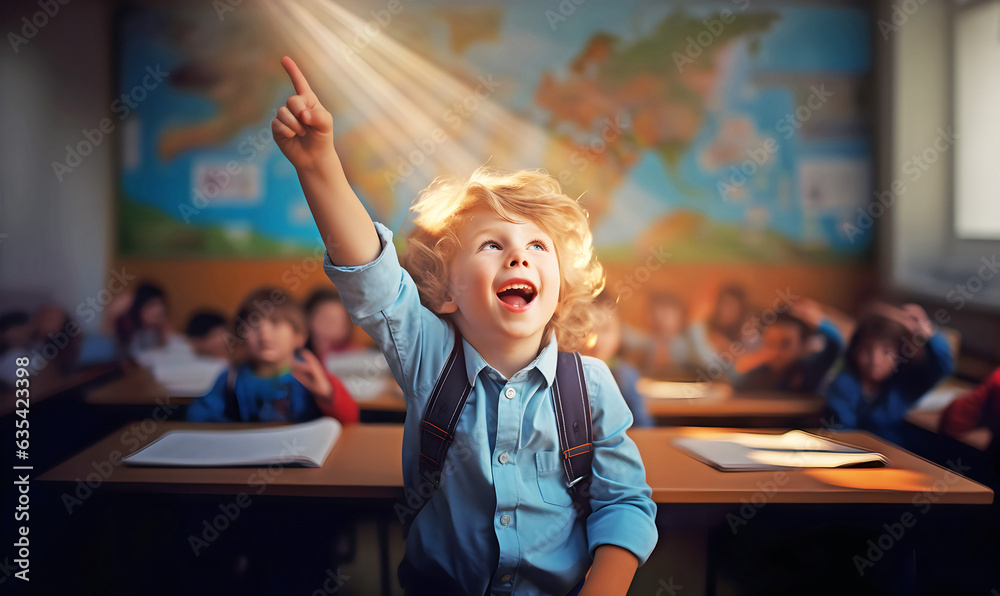 un enfant joyeux lève le doigt pour demander la parole dans une salle ...