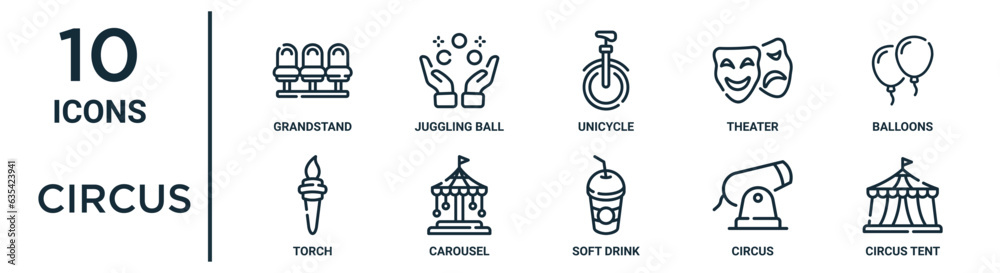 circus outline icon set such as thin line grandstand, unicycle ...