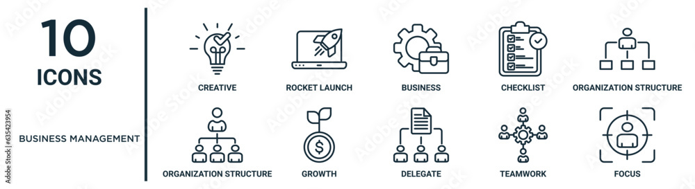Vetor de business management outline icon set such as thin line creative, business, organization ...