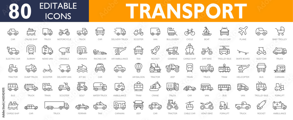 Transport icons set. Vehicle icons. Transport editable stroke icons ...