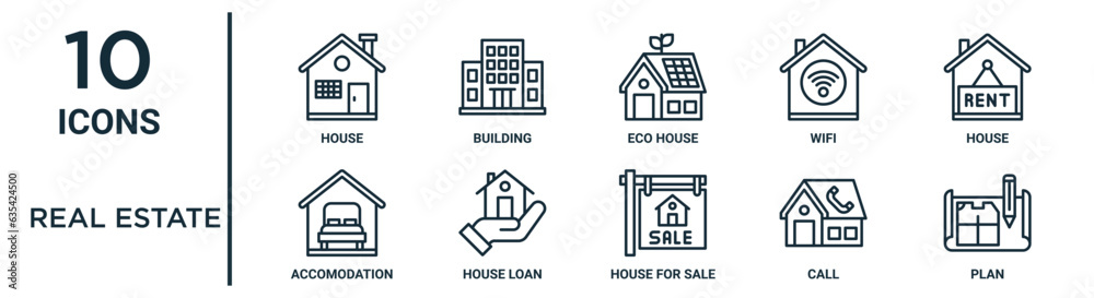 real estate outline icon set such as thin line house, eco house, house ...