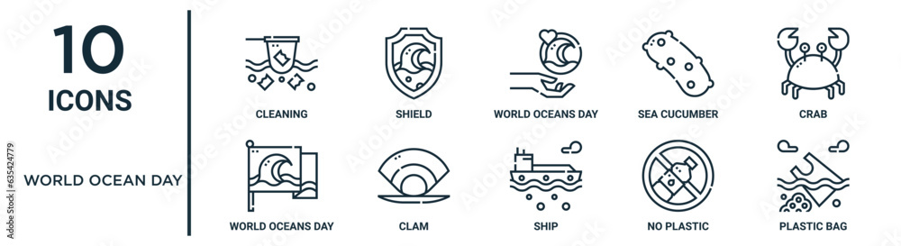world ocean day outline icon set such as thin line cleaning, world ...