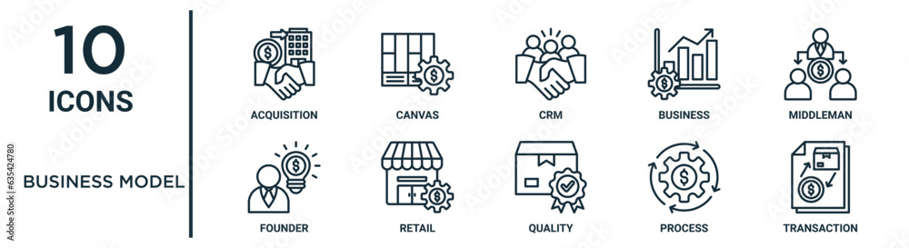 business model outline icon set such as thin line acquisition, crm ...