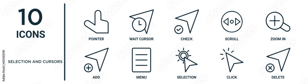 selection and cursors outline icon set such as thin line pointer, check ...