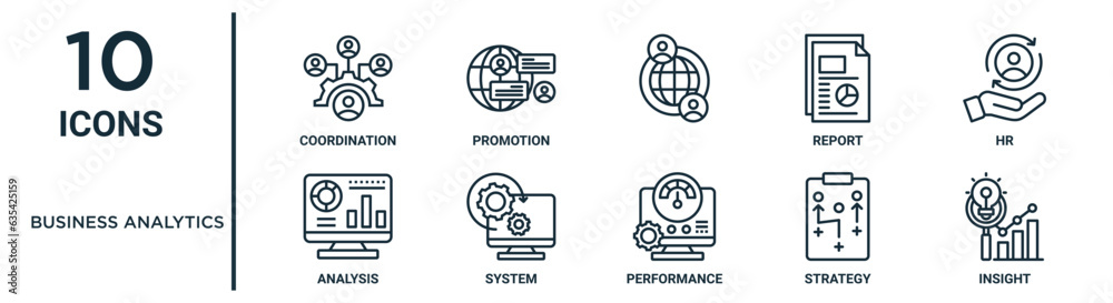 Vetor de business analytics outline icon set such as thin line ...