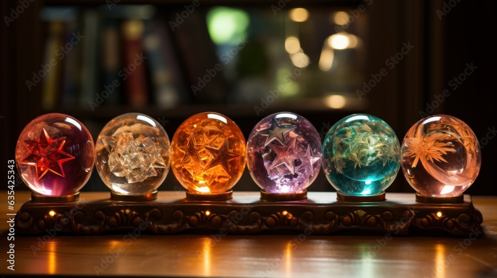 Seven orbs made from different types of crystal, each with a unique ...