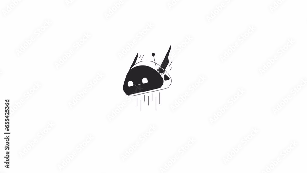 Cute robotic head flying bw outline 2D character animation. Robotics ...